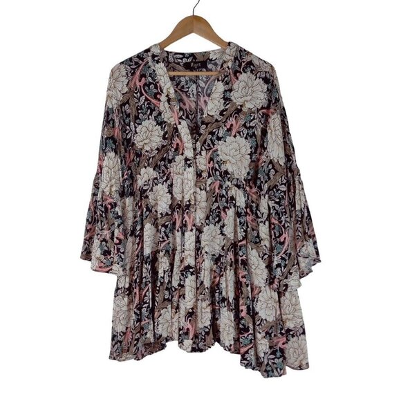 Meritt | Dresses | Meritt Floral Mini Dress Full Sleeves Gathered Black ...
